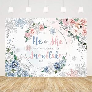 AIBIIN 7x5ft Winter Snowflake Gender Reveal Backdrop He or She Boy or Girl Silver Glitter Pink Blue Floral Photography Background What Will Our Little Snowflake Be Party Decoration Banner Photo Booth