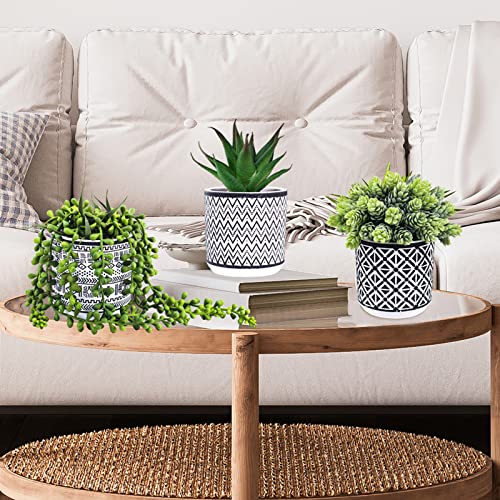 Winlyn 3 Pcs Small Potted Succulents Plants Artificial String of Pearls Aloe Hops Succulents in Black Geometric Concrete Pots for Gifts Modern Home Bathroom Window Table Indoor Outdoor Greenery Décor