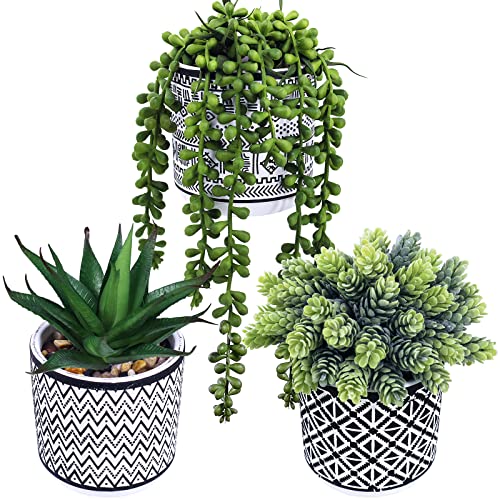 Winlyn 3 Pcs Small Potted Succulents Plants Artificial String of Pearls Aloe Hops Succulents in Black Geometric Concrete Pots for Gifts Modern Home Bathroom Window Table Indoor Outdoor Greenery Décor