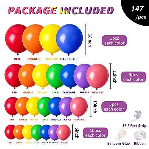 HDO Rainbow Balloon Arch Kit, 147Pcs Rainbow Balloons Garland 18"+12"+10"+5" Party Balloons Decoration for Birthday Thanksgiving Baby Shower Bridal Party (Rainbow)