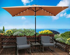 i-pook 10 x 6.5 ft rectangular patio umbrellas with 26 solar led light, market table waterproof umbrellas sunshade with crank and push button tilt patio hanging umbrella for garden deck pool, brown