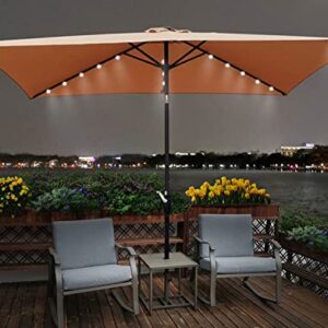 i-POOK 10 x 6.5 FT Rectangular Patio Umbrellas with 26 Solar LED Light, Market Table Waterproof Umbrellas Sunshade with Crank and Push Button Tilt Patio Hanging Umbrella for Garden Deck Pool, Brown