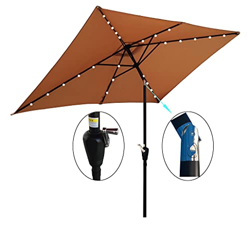 i-POOK 10 x 6.5 FT Rectangular Patio Umbrellas with 26 Solar LED Light, Market Table Waterproof Umbrellas Sunshade with Crank and Push Button Tilt Patio Hanging Umbrella for Garden Deck Pool, Brown