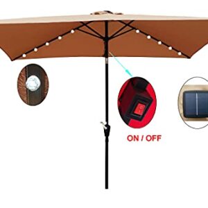 i-POOK 10 x 6.5 FT Rectangular Patio Umbrellas with 26 Solar LED Light, Market Table Waterproof Umbrellas Sunshade with Crank and Push Button Tilt Patio Hanging Umbrella for Garden Deck Pool, Brown