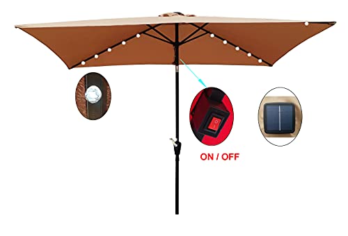 i-POOK 10 x 6.5 FT Rectangular Patio Umbrellas with 26 Solar LED Light, Market Table Waterproof Umbrellas Sunshade with Crank and Push Button Tilt Patio Hanging Umbrella for Garden Deck Pool, Brown