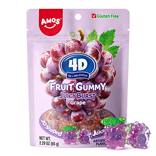 AMOS 4D Gummy Fruit Filled Candy, Fruit Snacks Juicy Burst, Grape Juice Filled Gummies for Cupcake Decoration, Gluten Free Fat Free Christmas Candy, 2.29Oz Per Bag (Pack of 12)