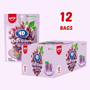 AMOS 4D Gummy Fruit Filled Candy, Fruit Snacks Juicy Burst, Grape Juice Filled Gummies for Cupcake Decoration, Gluten Free Fat Free Christmas Candy, 2.29Oz Per Bag (Pack of 12)