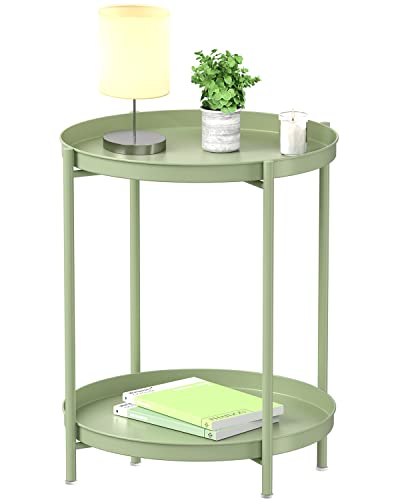 EKNITEY 2 Tier End Table - Metal Side Table Waterproof Small Sofa Coffee Side Tables Bedroom Indoor Outdoor with Removable Tray for Living Room Bedroom Balcony and Office (Atrovirens)