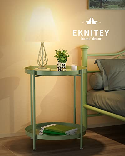 EKNITEY 2 Tier End Table - Metal Side Table Waterproof Small Sofa Coffee Side Tables Bedroom Indoor Outdoor with Removable Tray for Living Room Bedroom Balcony and Office (Atrovirens)