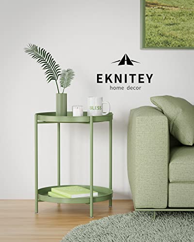 EKNITEY 2 Tier End Table - Metal Side Table Waterproof Small Sofa Coffee Side Tables Bedroom Indoor Outdoor with Removable Tray for Living Room Bedroom Balcony and Office (Atrovirens)