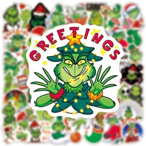 PIGBIT 50Pcs Grinch Christmas Stickers for Christmas Party Favors,Water Bottles,Laptop,Greeting Cards,Envelopes