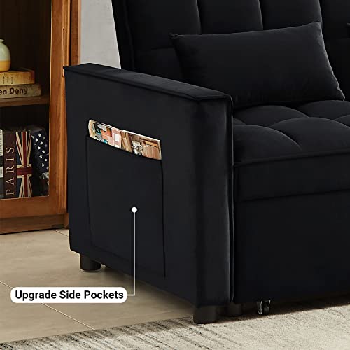 3 in 1 Convertible Sleeper Loveseat, Futon Sofa Couch With Pullout Bed, Reclining Backrest, Modern Velvet Small Love Seat Lounge, Toss Pillows, Pockets, Furniture for Living Room, Black