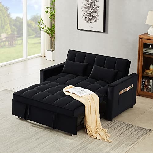 3 in 1 Convertible Sleeper Loveseat, Futon Sofa Couch With Pullout Bed, Reclining Backrest, Modern Velvet Small Love Seat Lounge, Toss Pillows, Pockets, Furniture for Living Room, Black