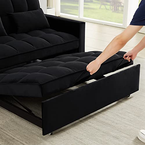 3 in 1 Convertible Sleeper Loveseat, Futon Sofa Couch With Pullout Bed, Reclining Backrest, Modern Velvet Small Love Seat Lounge, Toss Pillows, Pockets, Furniture for Living Room, Black