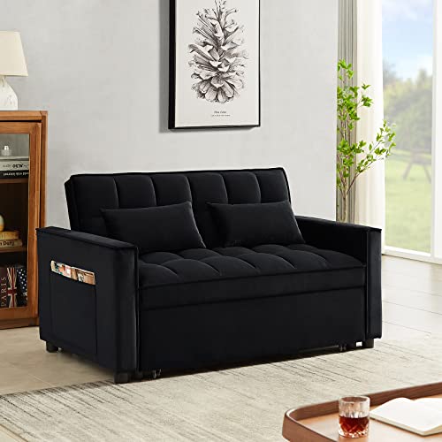 3 in 1 Convertible Sleeper Loveseat, Futon Sofa Couch With Pullout Bed, Reclining Backrest, Modern Velvet Small Love Seat Lounge, Toss Pillows, Pockets, Furniture for Living Room, Black