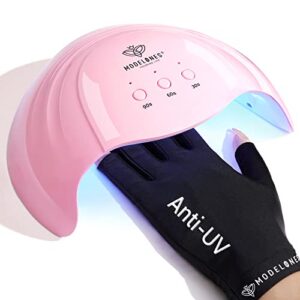 modelones gel uv led nail lamp with uv gloves kit, 48w nail dryer with 3 timer settings and automatic sensor for cures all nail polish, professional upf99+ uv protection gloves for nail art manicure