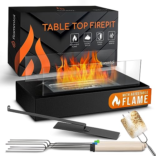 Flammtal Tabletop Fire Pit [3h Burning Time] - Table Top Firepit Indoor & Outdoor - Smores Maker with 4 Roasting Sticks - Portable Fire Pit with Adjustable Flames - Ethanol Table Top Fire Pit Bowl