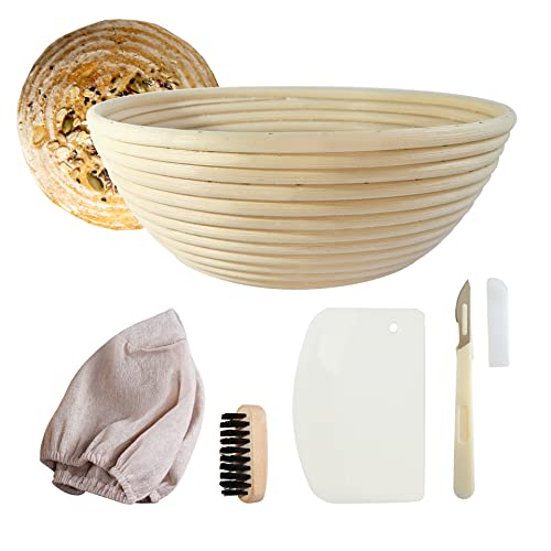 Banneton Bread Proofing Basket set, for Sourdough Bread Baking, Brotform Dough Rising Bowl, 9inch Round Rattan Basket with Baking Tools Kit, Cloth Liner, Scoring Lame, Scraper, Brush, Gifts for Bakers