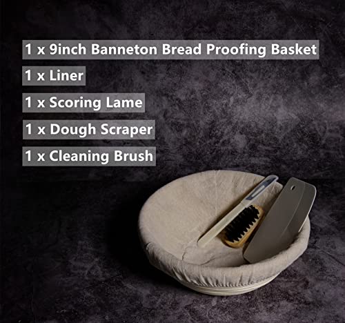 Banneton Bread Proofing Basket set, for Sourdough Bread Baking, Brotform Dough Rising Bowl, 9inch Round Rattan Basket with Baking Tools Kit, Cloth Liner, Scoring Lame, Scraper, Brush, Gifts for Bakers