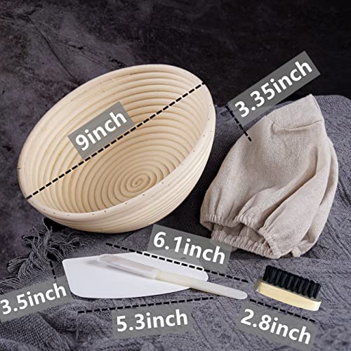 Banneton Bread Proofing Basket set, for Sourdough Bread Baking, Brotform Dough Rising Bowl, 9inch Round Rattan Basket with Baking Tools Kit, Cloth Liner, Scoring Lame, Scraper, Brush, Gifts for Bakers