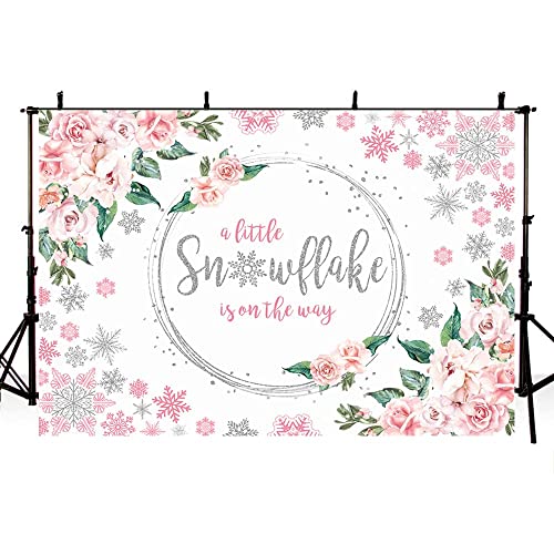 AIBIIN 7x5ft Winter Baby Shower Backdrop for Girl A Little Snowflake is On The Way Baby Shower Decorations Pink Silver Snowflakes Photography Background Banner Photo Props