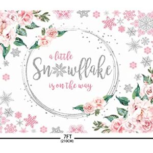 AIBIIN 7x5ft Winter Baby Shower Backdrop for Girl A Little Snowflake is On The Way Baby Shower Decorations Pink Silver Snowflakes Photography Background Banner Photo Props