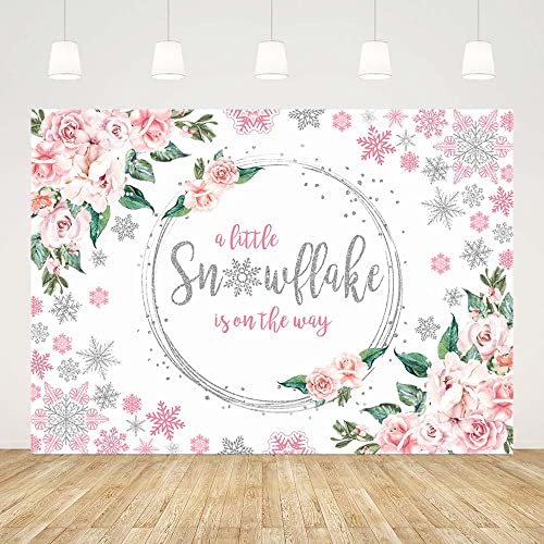 AIBIIN 7x5ft Winter Baby Shower Backdrop for Girl A Little Snowflake is On The Way Baby Shower Decorations Pink Silver Snowflakes Photography Background Banner Photo Props