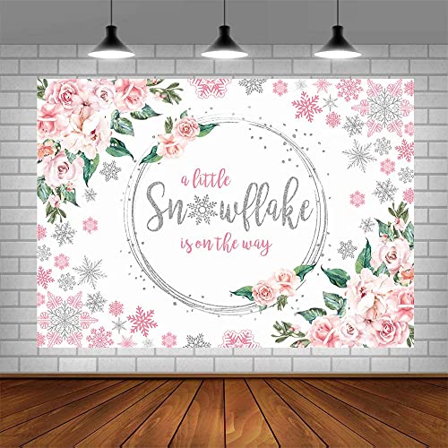 AIBIIN 7x5ft Winter Baby Shower Backdrop for Girl A Little Snowflake is On The Way Baby Shower Decorations Pink Silver Snowflakes Photography Background Banner Photo Props