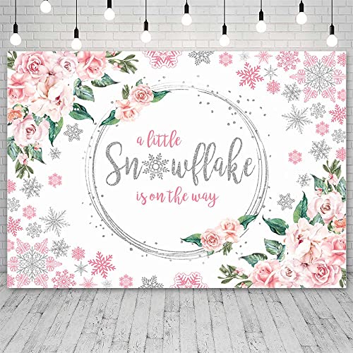 AIBIIN 7x5ft Winter Baby Shower Backdrop for Girl A Little Snowflake is On The Way Baby Shower Decorations Pink Silver Snowflakes Photography Background Banner Photo Props