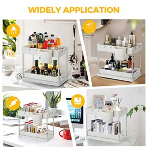 Ravinte 2 Pack Pull Out Under Sink Organizer 2 Tier Multi Purpose Sink Organizers Storage For Bathroom Kitchen Sink Storage Organizer With Hook & Hanging Cup White Sliding Cabinet Organizer