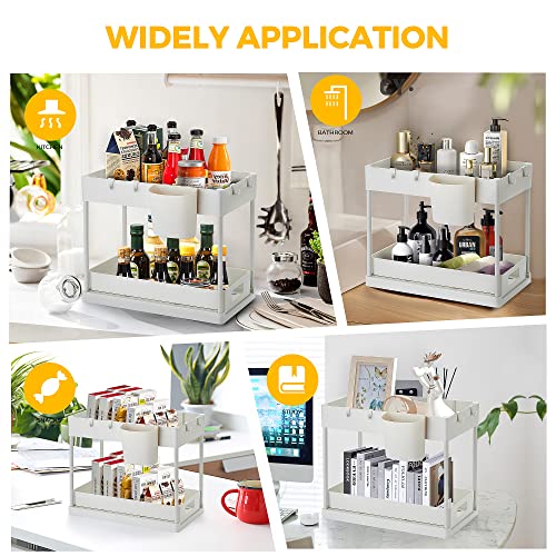 Ravinte 2 Pack Pull Out Under Sink Organizer 2 Tier Multi Purpose Sink Organizers Storage For Bathroom Kitchen Sink Storage Organizer With Hook & Hanging Cup White Sliding Cabinet Organizer