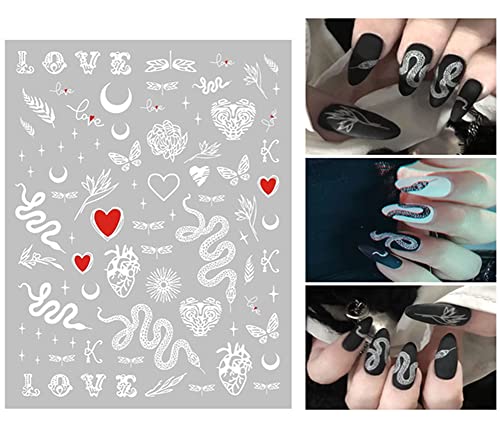 6 Sheets Snake Nail Art Stickers,Black Skull Goth Nail Decals 3D Self Adhesive Nail Art Supplies Halloween Gothic Punk Horror Nail Stickers Designer DIY Charms Decor Nail Art Accessories Decals