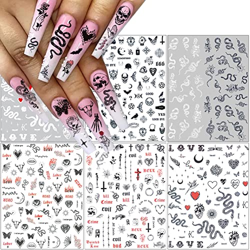 6 Sheets Snake Nail Art Stickers,Black Skull Goth Nail Decals 3D Self Adhesive Nail Art Supplies Halloween Gothic Punk Horror Nail Stickers Designer DIY Charms Decor Nail Art Accessories Decals