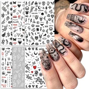 6 sheets snake nail art stickers,black skull goth nail decals 3d self adhesive nail art supplies halloween gothic punk horror nail stickers designer diy charms decor nail art accessories decals