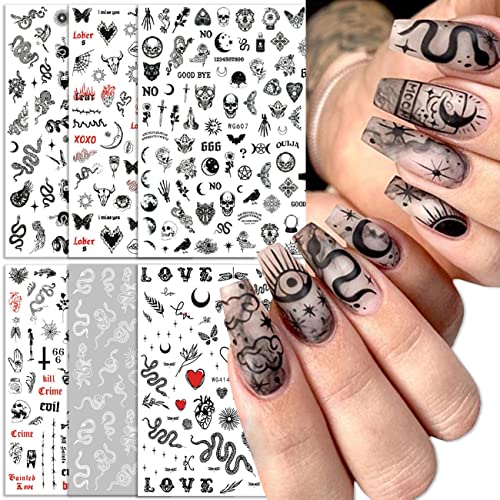 6 Sheets Snake Nail Art Stickers,Black Skull Goth Nail Decals 3D Self Adhesive Nail Art Supplies Halloween Gothic Punk Horror Nail Stickers Designer DIY Charms Decor Nail Art Accessories Decals