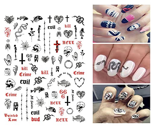 6 Sheets Snake Nail Art Stickers,Black Skull Goth Nail Decals 3D Self Adhesive Nail Art Supplies Halloween Gothic Punk Horror Nail Stickers Designer DIY Charms Decor Nail Art Accessories Decals