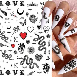 6 Sheets Snake Nail Art Stickers,Black Skull Goth Nail Decals 3D Self Adhesive Nail Art Supplies Halloween Gothic Punk Horror Nail Stickers Designer DIY Charms Decor Nail Art Accessories Decals