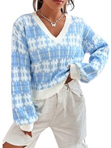 wdirara women's plaid pattern v-neck long sleeve drop shoulder pullovers sweater blue m