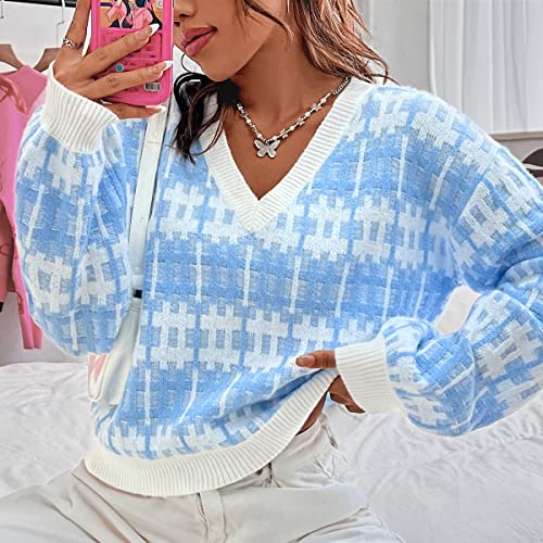 WDIRARA Women's Plaid Pattern V-Neck Long Sleeve Drop Shoulder Pullovers Sweater Blue M