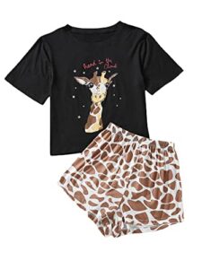 didk women's cartoon graphic print tee and shorts two pieces pj pajama set giraffe black xs