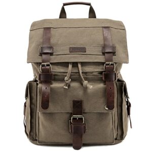 kattee men's canvas leather hiking travel backpack army green