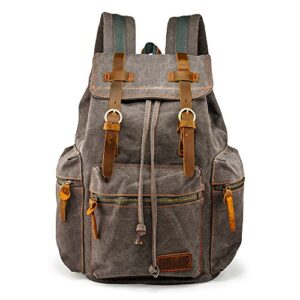 gearonic 21l vintage canvas backpack for men women leather rucksack knapsack 15 inch laptop tote satchel college military army shoulder rucksack hiking bag-gray