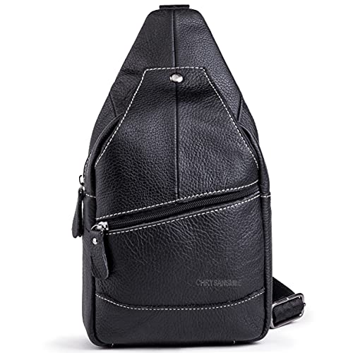 Chrysansmile Genuine Leather Shoulder Sling Backpack Bag Unisex Outdoor Crossbody Sling Pack Sport Daypack - Black One Size