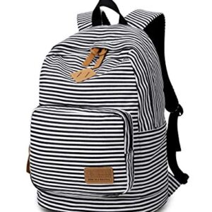 Ahyapiner Striped Canvas Backpack Shoulder Bag Women Casual Travel Daypack Black