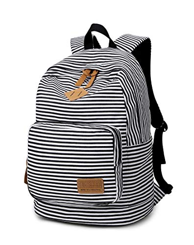 Ahyapiner Striped Canvas Backpack Shoulder Bag Women Casual Travel Daypack Black