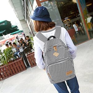 Ahyapiner Striped Canvas Backpack Shoulder Bag Women Casual Travel Daypack Black