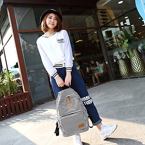 Ahyapiner Striped Canvas Backpack Shoulder Bag Women Casual Travel Daypack Black