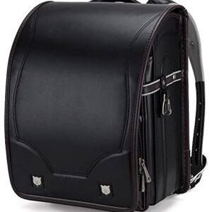 Baobab's wish Ransel Randoseru Backpack Semi-automatic satchel Japanese school bag for girls and boys PU leather bab-rng58 (Black 01)