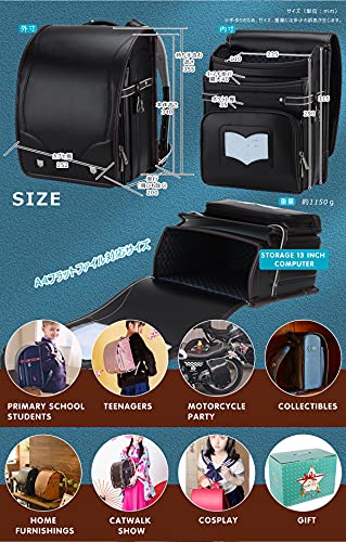 Baobab's wish Ransel Randoseru Backpack Semi-automatic satchel Japanese school bag for girls and boys PU leather bab-rng58 (Black 01)