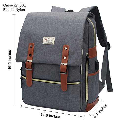 Modoker Upgraded Vintage Laptop Backpack Bookbag,Travel Laptop Backpack with USB Charging Port Casual Rucksack Daypack,Grey